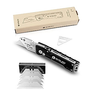 BIBURY Folding Utility Knife, Heavy Duty Box Cutter Pocket Carpet Knife, Blade Storage in Handle with 15 Extra SK5 Blades Included, Belt Clip and Safe-Locking Design