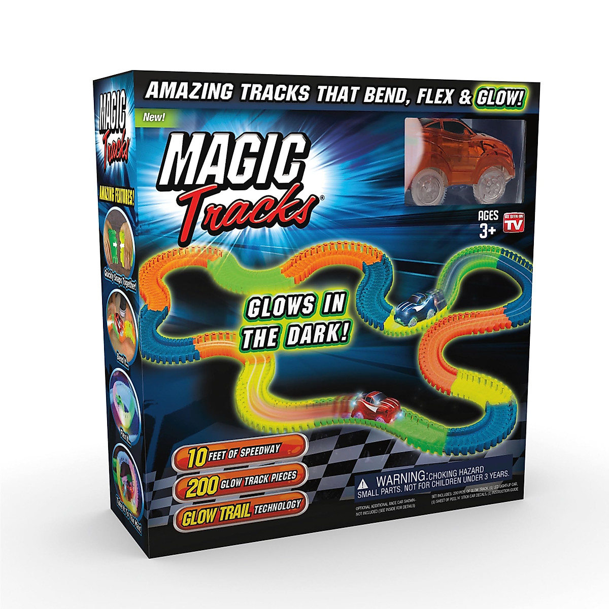 Ontel Magic Tracks 10 Foot Glow In The Dark Bendable Flexible Racetrack with LED Light-Up Race Car, Educational Playset Birthday Gift for Ages 3+