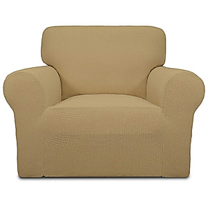 Easy-Going Stretch Chair Sofa Slipcover 1-Piece Couch Sofa Cover Furniture Protector Soft with Elastic Bottom for Kids, Pet. Spandex Jacquard Fabric Small Checks (Chair, Golden)