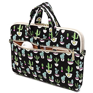 DACHEE Black Cactus Patten Canvas Laptop Shoulder Messenger Bag Case Sleeve for 14 Inch 15 Inch Laptop 15 Case Laptop Briefcase 15.6 Inch