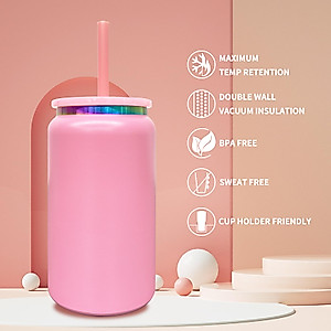 Glass Cups with Lids and Straws, 16 oz Stainless Steel Cups, Insulated Skinny Tumbler, Powder Coated Travel Mugs for Laser Engrave, Iced Coffee Cup for Smoothie Water DIY Gift (Pink,1 pack)