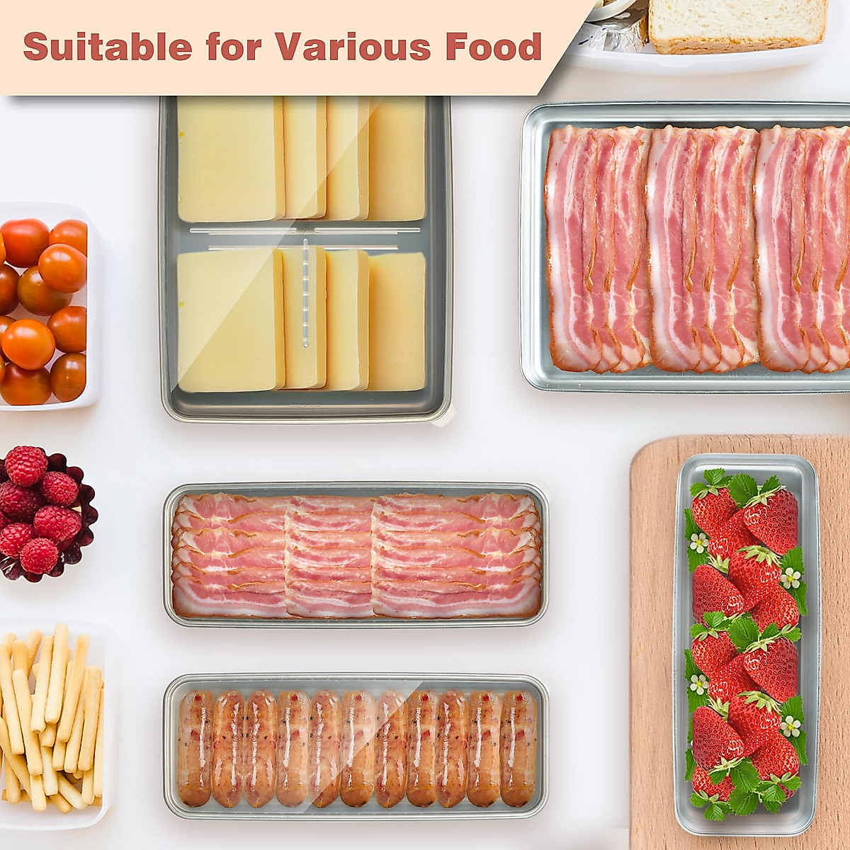 Zarevant Pack of 2 Bacon Container for Refrigerator, 304 Stainless Steel Airtight Deli Meat Storage Bacon Keeper, Long Storage Container for Fridge, Dishwasher Safe, with Lids