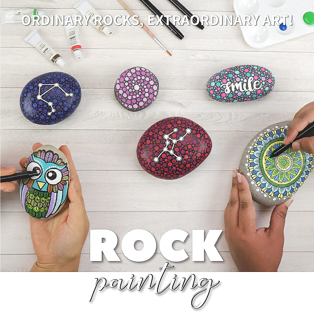 SpiceBox Rock Painting Kit for Adults and Teens, DIY Arts and Crafts Creative Activities, Make Your Own Painted Rocks, Multi Colors, (13459)