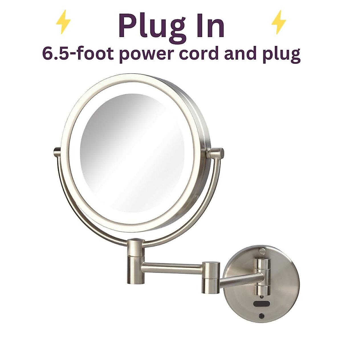 JERDON Sharper Image Wall-Mounted Lighted Sensor Makeup Mirror - Two-Sided Makeup Mirror with 8X Magnification & Swivel Design - 8.5-Inch Diameter Mirror in Nickel Finish - Model JRT9500NL