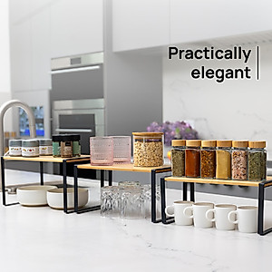 Ibyx Premium Kitchen Cabinet Organizer Shelf - Set of 3 Kitchen Counter Shelves - Stackable Shelf Racks for Cabinets - Metal Frame & Engineered Wood (Natural Wood, Black Frame)