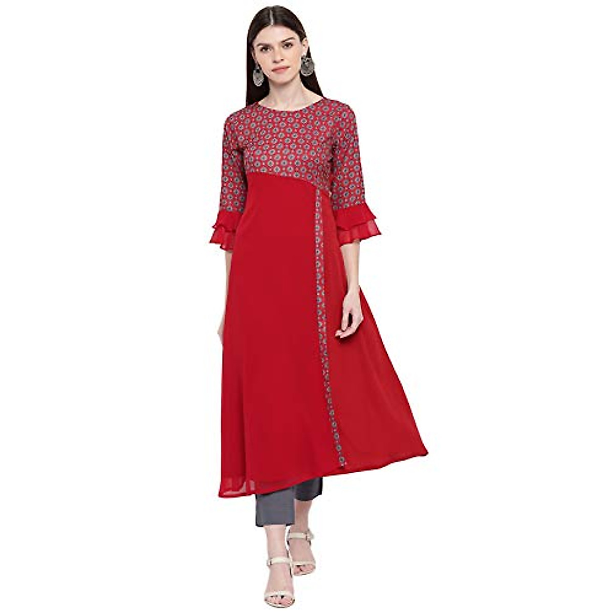 Janasya Indian Women's Maroon Poly Crepe Kurta(JNE3607-KR-XXL)