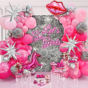 KELENO 110 Disco Cowgirl Party Decorations Birthday Supplies Pink Balloons Garland Arch Kit Horse Disco Ball Kiss Foil Balloons Sequin Backdrop Tablecloth Girl Western Bachelorette Bridal Party Decor