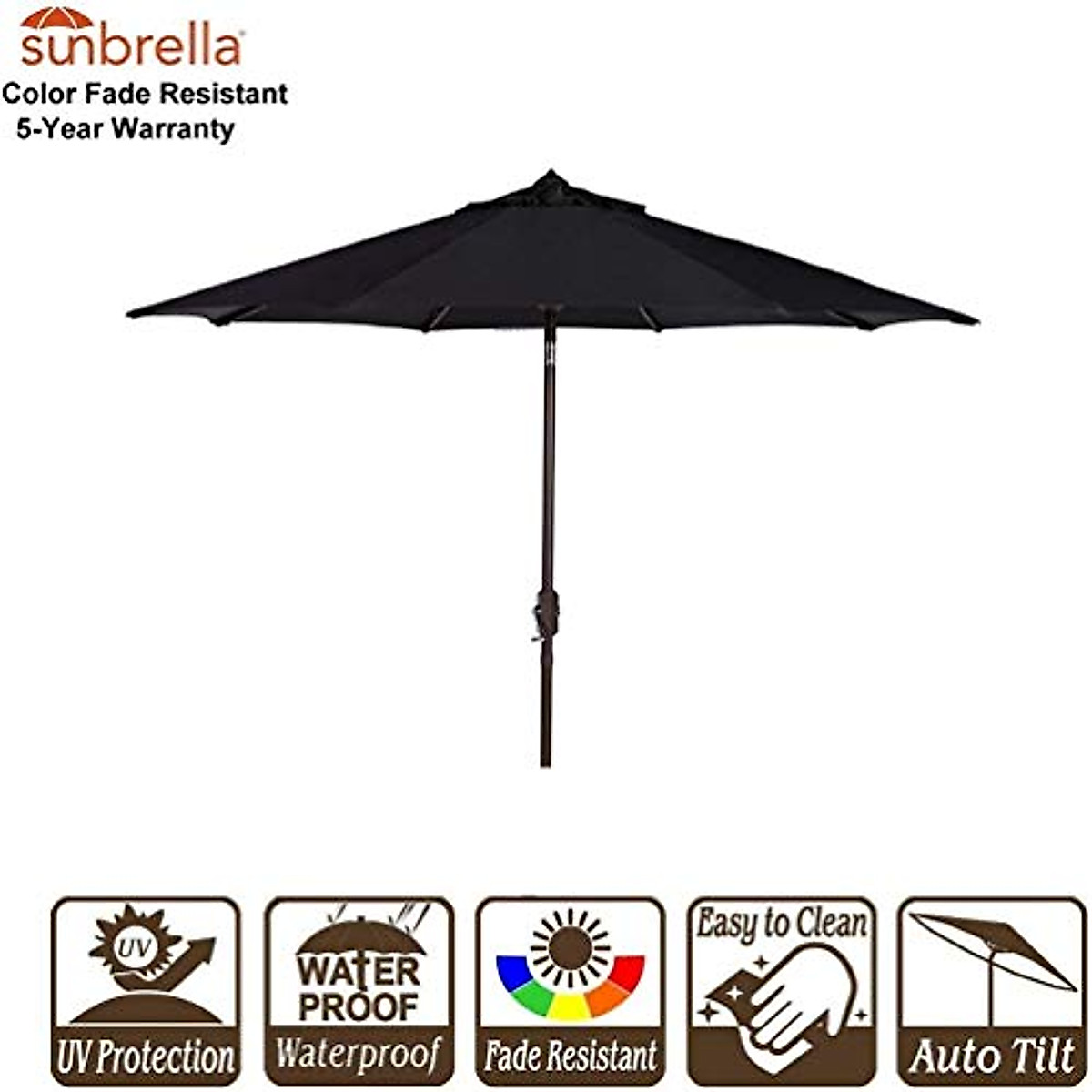 Bayside21 Sunbrella 9Ft Market Umbrella Patio Outdoor Table Umbrella with Crank, Auto Tilt and 5 Years Non-Fading Vented Umbrella Top