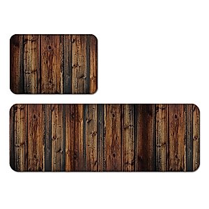 Subently 2PCS Rustic Kitchen Rugs Vintage Old Barn Floor Mats Farmhouse Runner Rug Set Wooden Board Plank RetroAbsorbent Kitchen Carpets for Doorway Sink Corner Laundry 16" X 47"(Brown)