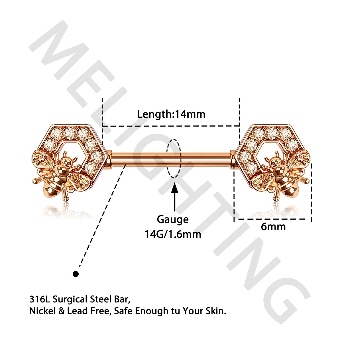 Melighting Dainty Bee Nipple Rings 14G Surgical Steel 316L 2pcs Nipple Barbell CZ Nipple Piercing Jewelry Nipple Ring for Women Body Piercing Jewelry 14mm