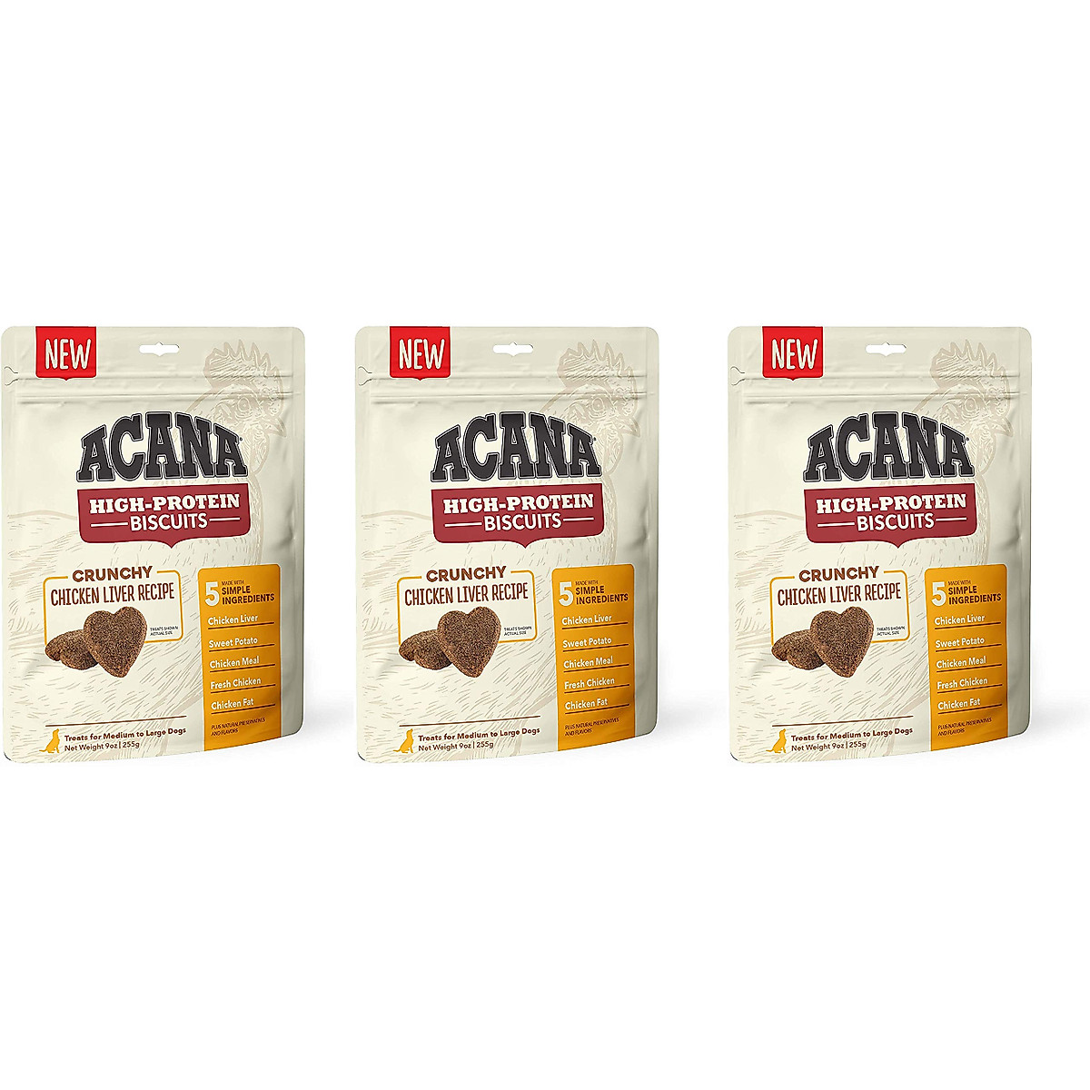 ACANA 3 Pack of Crunchy Chicken Liver High-Protein Biscuits, 9 Ounces Each, for Medium to Large Dogs