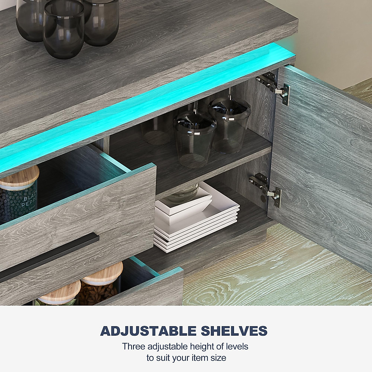 BELLEZE 67" TV Stand for TV up to 75", Modern Entertainment Center with LED Lights Change to Melody of Music, Media Console Table with Cabinets and Drawers for Living Room, Bedroom - Studio (Grey)