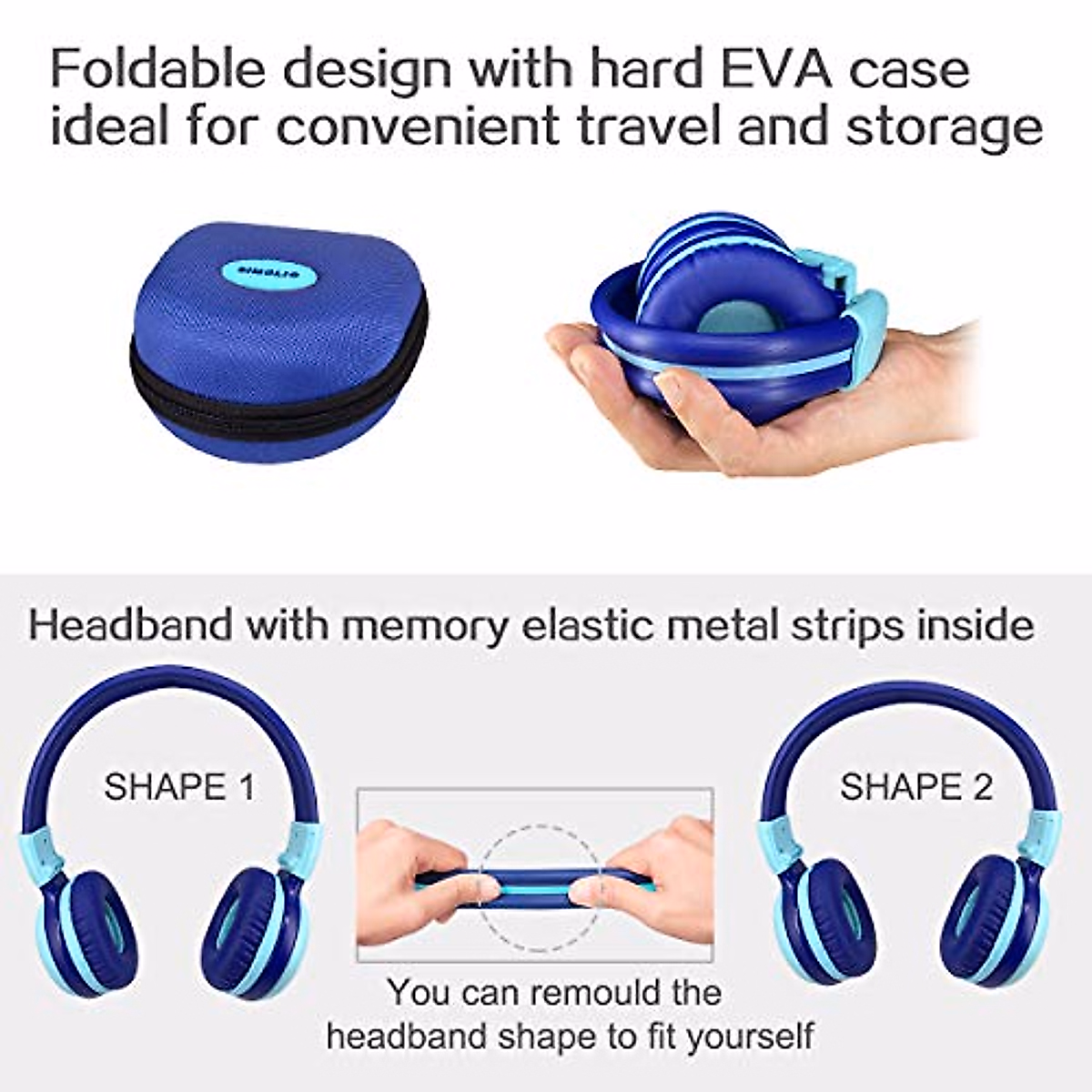SIMOLIO Foldable Bluetooth Headphones with 75dB,85dB,94dB Volume Limit for Kids Teens and Adults, Built-in Mic and Share Port, Soft Earmuffs, Hard EVA Case, Aux Cord, Wireless and Wired Headphone-Mint