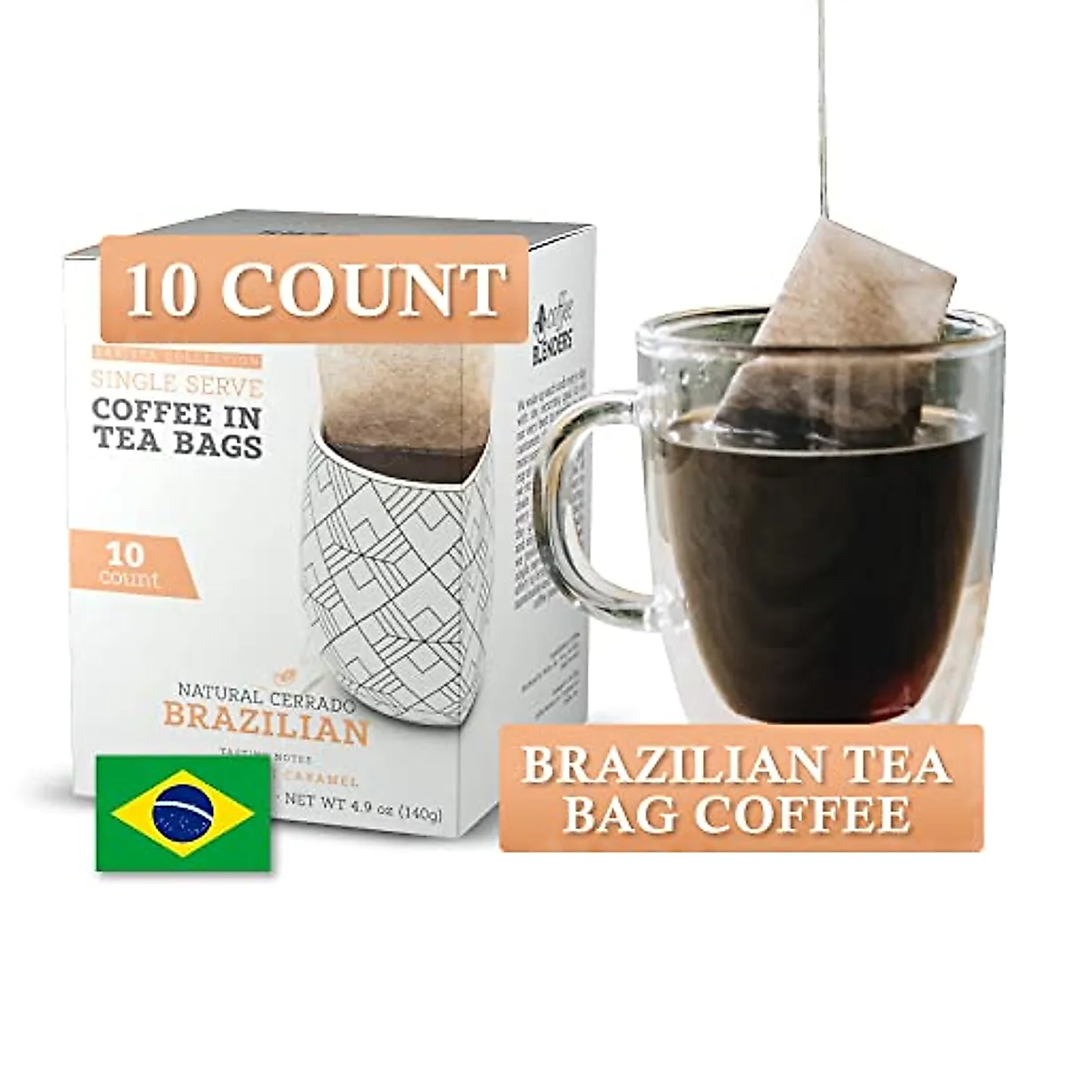 Coffee Blenders Tea Bag Coffee - Brazilian Flavor 10 Count Single Serve Instant Coffee, Portable Drip T-Bag Packets, Convenient Fast Fresh Simple