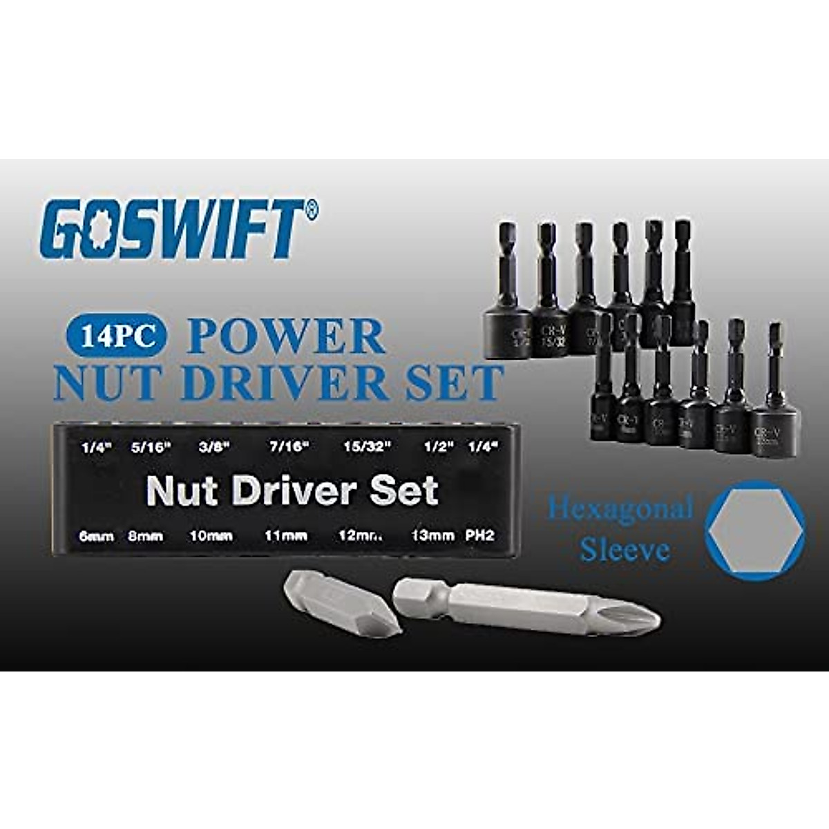 GOSWIFT 14PCS Magnetic Power Nuts Driver Set for Impact Drill, Chrome Vanadium Steel, SAE and Metric, 1/4" Hex Head Drill Bit Set Screwdriver Socket Set