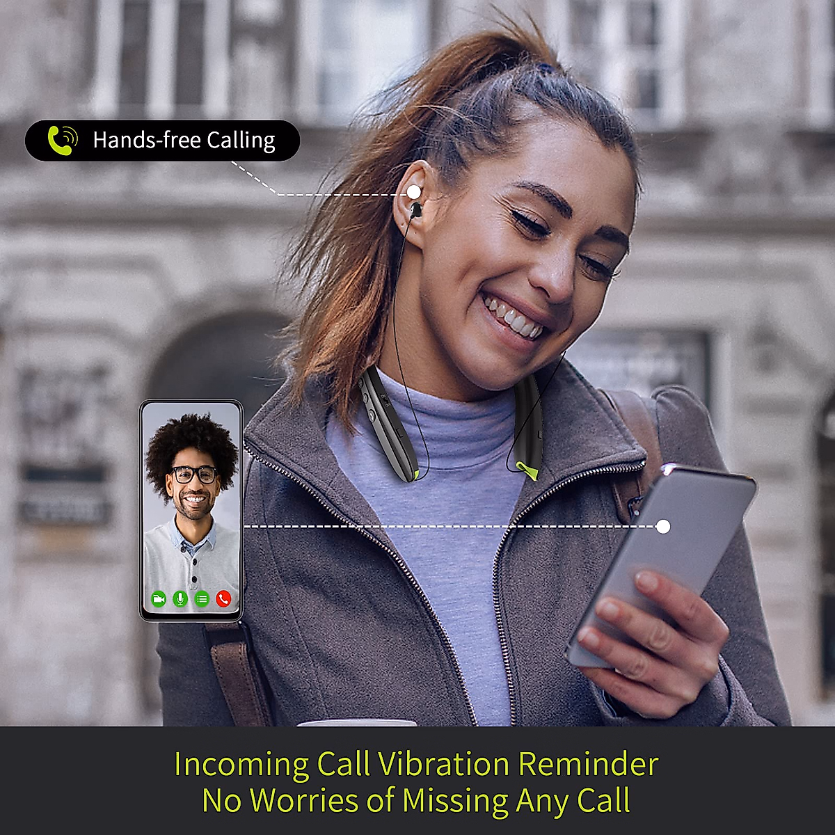 LOVOCOO Bluetooth Headset, [2021 Upgraded] Neckband Bluetooth Headphones with Retractable Earbuds, Noise Cancelling Stereo Wireless Earphones with Mic for Sports Office (with Carry Case)