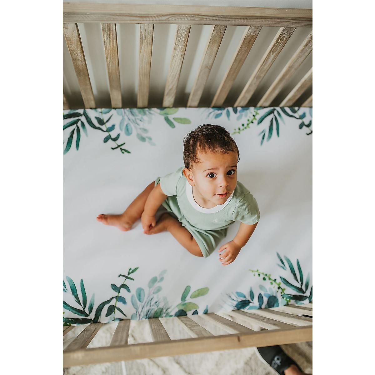 NODNAL CO. Leafy Pack n Play Playard Portable Mini Crib Fitted Sheet for Baby Mattress - Jersey Knit Cotton Unisex Girl/Boy for Pack and Play - Gender Neutral Floral Eucalyptus (Leafy Border)