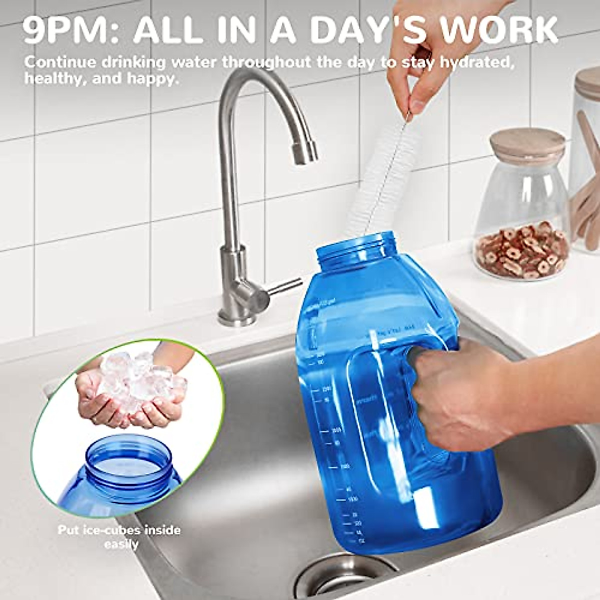 Diller bottle 1 Gallon Water Bottle with Time Marker, Large 128oz Water Bottle to Drink, Motivational Water Jug with handle for Gym Workout, BPA Free, Leak-Proof (Blue)