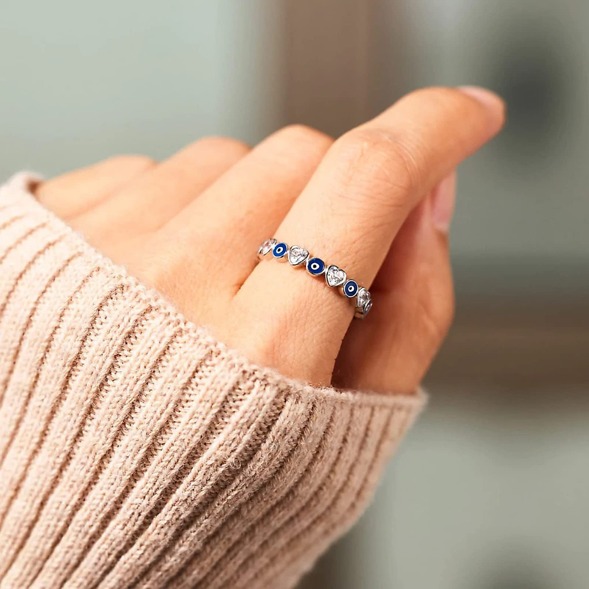 FUNYCHEN Evil Eye Ring for Women Sterling Silver Turkish Evil Eye Ring Bands Dainty Evil Eye Rings Lucky Jewelry Heart Ring Valentine's Day Gift CZs Statement Ring US Size 5-10 (Silver, 6)