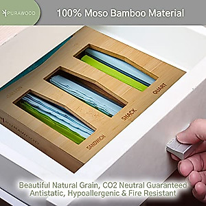 Purawood Ziplock Bag Storage Organizer - Natural Bamboo Drawer Organizer to Declutter Your Kitchen – Easy & Efficient Plastic Bag Organizer - Plastic Bag Holder Compatible with all Brands