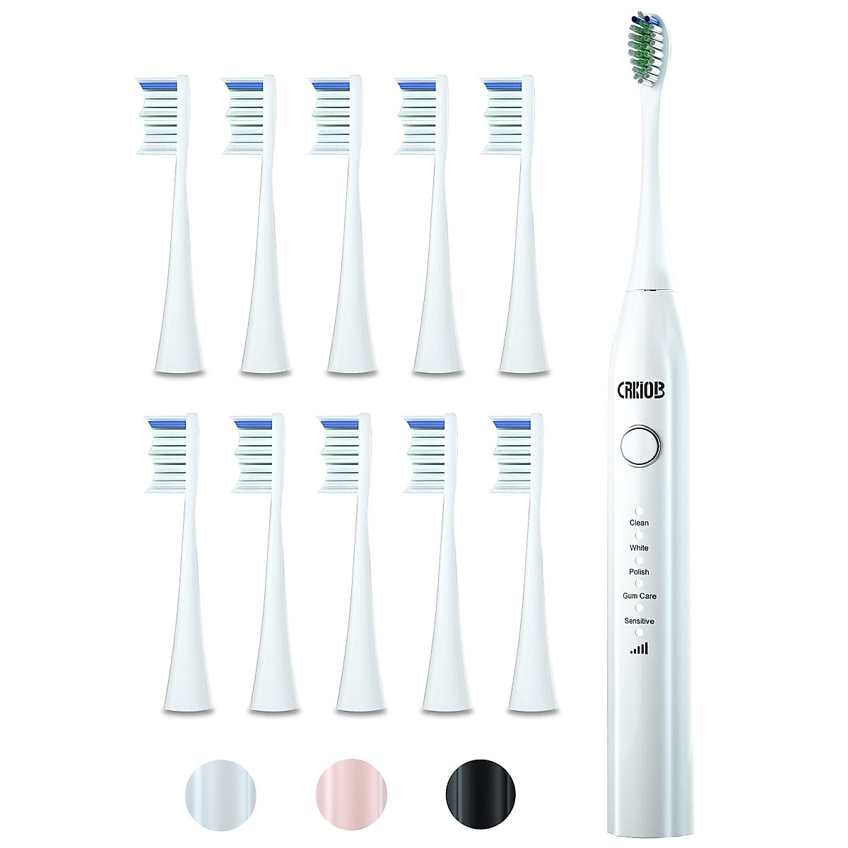 CRKIOB Electric Toothbrush with 10 Brush Heads for Adults and Kids,5 Modes,3 Speeds/Mode,2 Minutes Built in Smart Timer,Sonic Toothbrush,Kids toothbrushes(White)