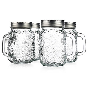 Glaver's Mason Jar Cups 16Oz – Set of 4 Mason Jars with Lids and Handles – Hammered Style Large Mason Cups for Parties, Dinner, Home, Lemonade, Smoothies, Cocktails, Drinks - Dishwasher Safe.