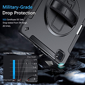 Miesherk Case for iPad Pro 11 Inch Case 2022/2021: iPad Pro 11 Case 4th Generation, Military Grade Heavy Duty Shockproof Rotating Stand+Hand/Shoulder Strap for iPad Pro 11 2021 3rd Gen Case, Black
