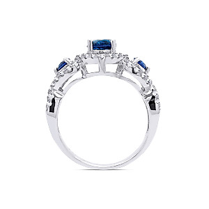 SAVEARTH DIAMONDS Infinity Style, Center 5MM Round Cut Simulated Blue Sapphire And Cubic Zirconia Three Stone Cluster Engagement Ring In 14k White Gold Over Sterling Silver For Women Size-10