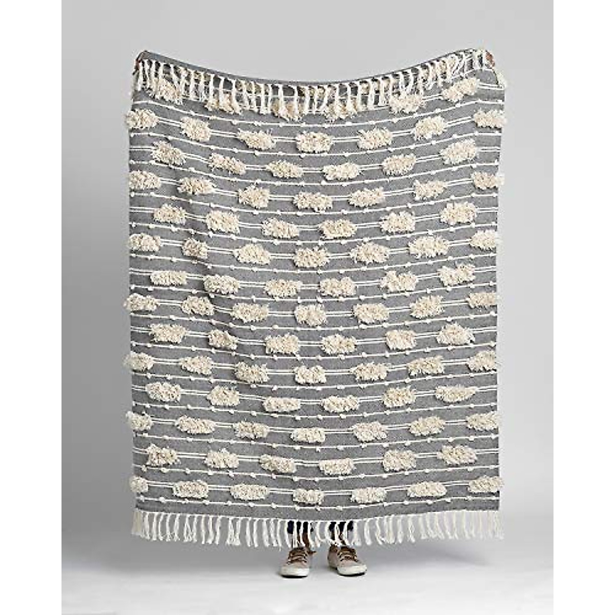 Fab Habitat 100% Cotton Fringe Throw Blanket with Tassels - Breathable All-Season - Warm, Super Soft, Machine Washable - Perfect Accent for Sofa & Bed - Fulton - Gray, 50 x 60