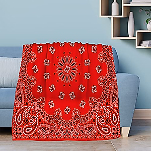 Kamoxi Red Bandana Print Throw Blankets Retro Paisley Flowers Floral Fleece Flannel Blanket for Sofa Bed Chair Couch Decor Novelty Soft Fluffy Plush Bedding Air Conditioning Blanket 50"x40"