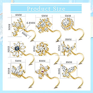 Ubjuliwa 9Pcs 20G Stainless Steel Nose Rings Gold Retainer Bone Screw Nose Studs for Women Men Cubic Zirconia Moon Star Flower Butterfly Nose Piercing Jewelry