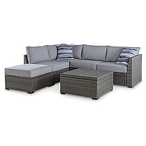 Signature Design by Ashley Petal Road Casual Weather Resistant Cushioned Outdoor Loveseat Sectional/Ottoman/Table Set with 2 Throw Pillows, Set of 4, Gray