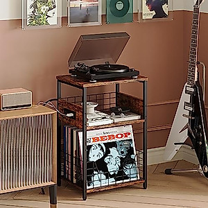 X-cosrack Record Player Stand with Vinyl Record Storage, 3 Tier Side Table with Charging Station & USB Ports, Retro End Table for Living Room Bedroom, Sturdy Wood and Metal Frame, Brown & Black