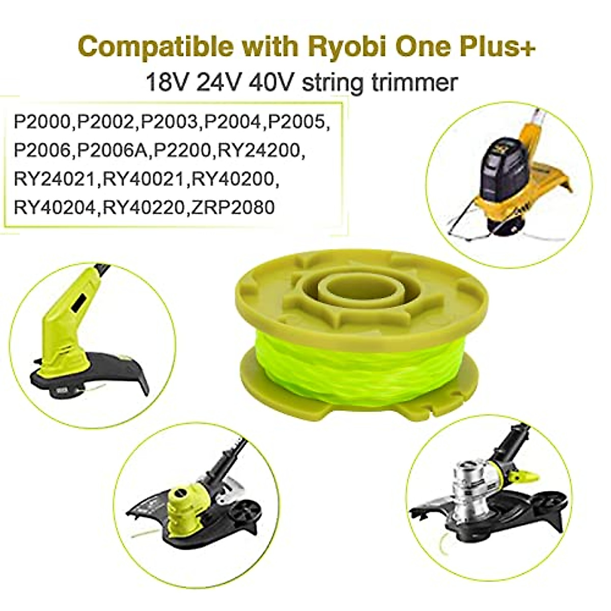 AC80RL3 String Trimmer Replacement Spool Compatible with Ryobi One Plus+ 18v 24v 40v Auto-Feed Cordless Trimmers, 11ft 0.08inch Spool Refills for Ryobi Weed Wacker String (16 Spools, 4 Caps)
