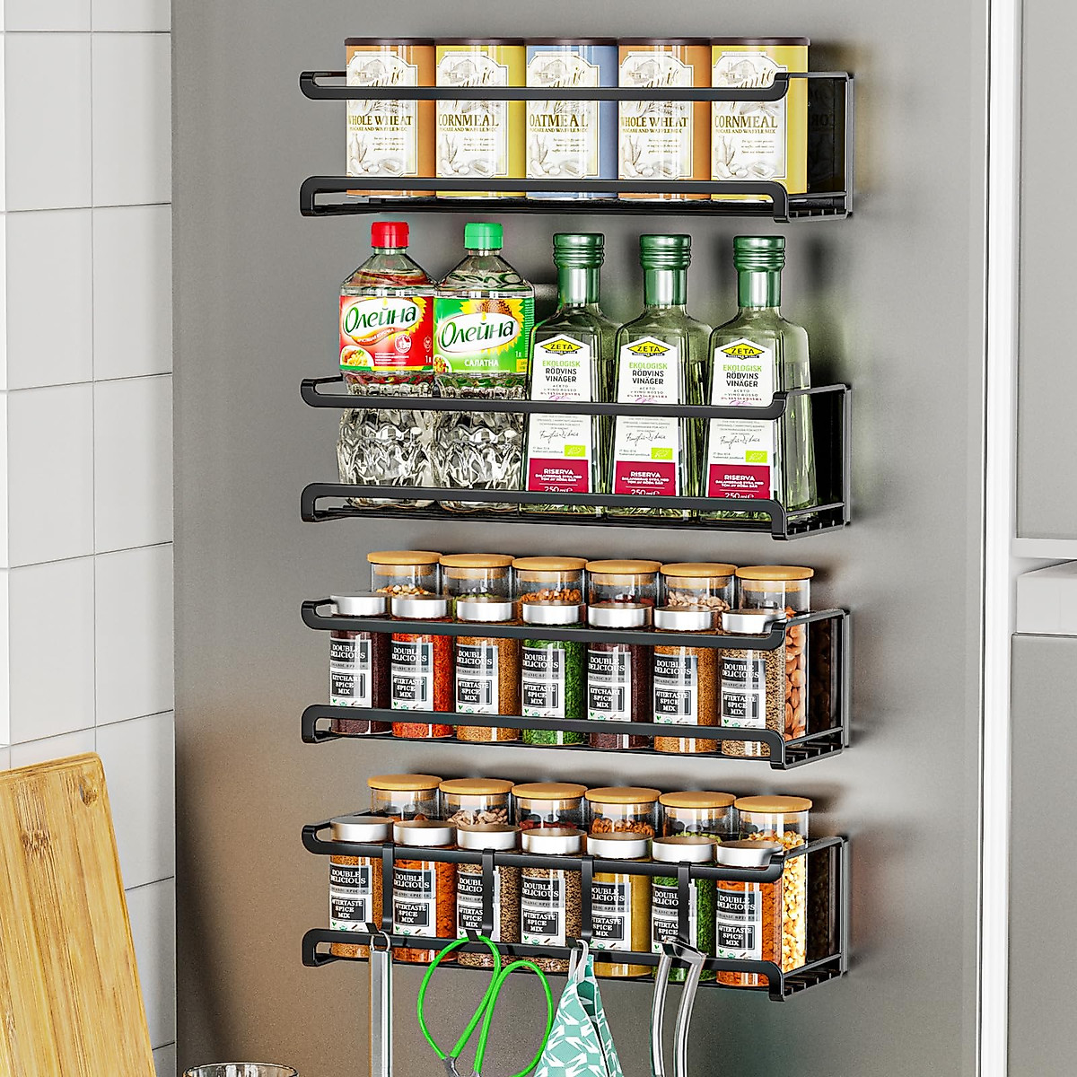 Bunoxea Magnetic Spice Rack Organizer for Refrigerator，Moveable Strong Magnetic Shelf with 4 Removable Hooks，Metal Kitchen Organizer For Space Saver (4 Pack Black)