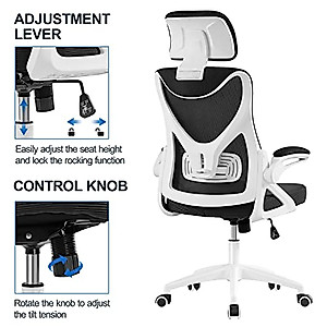 Yaheetech Ergonomic Mesh Office Chair, High Back Desk Chair with with flip-up Armrests, Adjustable Padded Headrest Computer Chair with Lumbar Support for Home Oiffce Game Room, White/Black
