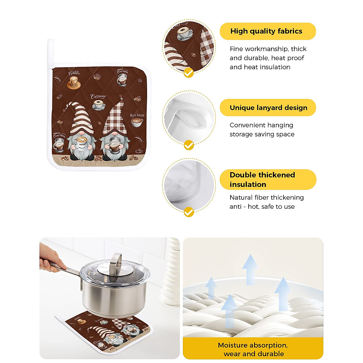 Pot Holders for Kitchen Cute Coffee Gnome with Cup and Beans Brown Set of 5 Potholders Heat Proof Non-Slip Oven Pot Holder Insulation Terry Cloth Hot Pad with Loop Retro Cotton Txeture