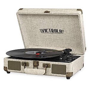 Victrola Vintage 3-Speed Bluetooth Portable Suitcase Record Player with Built-in Speakers | Upgraded Turntable Audio Sound| Includes Extra Stylus | Light Beige Linen