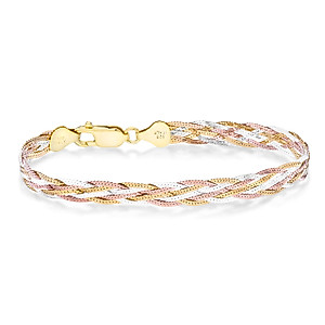Miabella Tri-Color 18K Gold Over 925 Sterling Silver Italian 6-Strand 7mm Braided Herringbone Chain Bracelet for Women, Made in Italy (Length 6.5 Inches)