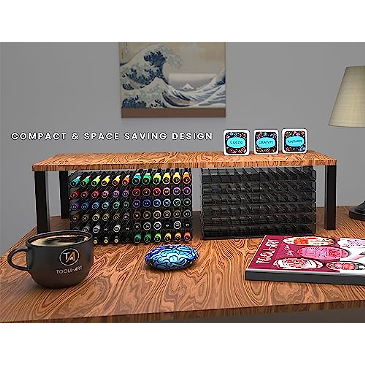 TOOLI-ART 72 Art Marker Storage Tray Desk Organizer Holder, Adjustable Dividers, Modular, Expandable, Stackable, Fit Most Pen, Pencil, Brushes. School, Home, Multi Purpose Tinted Plastic 6 Trays