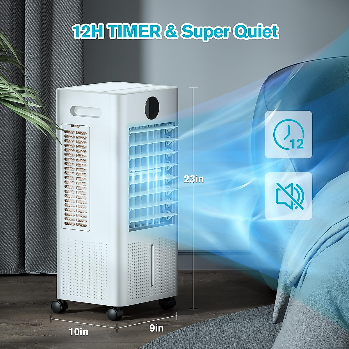 Windowless Portable Air Conditioner, 12H Timer & 2-Gal Tank, 3-IN-1 Portable AC Unit with Remote, 75°Oscillation, 3 Modes & 3 Speeds, Ultra-Quiet 24" Ventless Swamp Cooler for Room Home Office