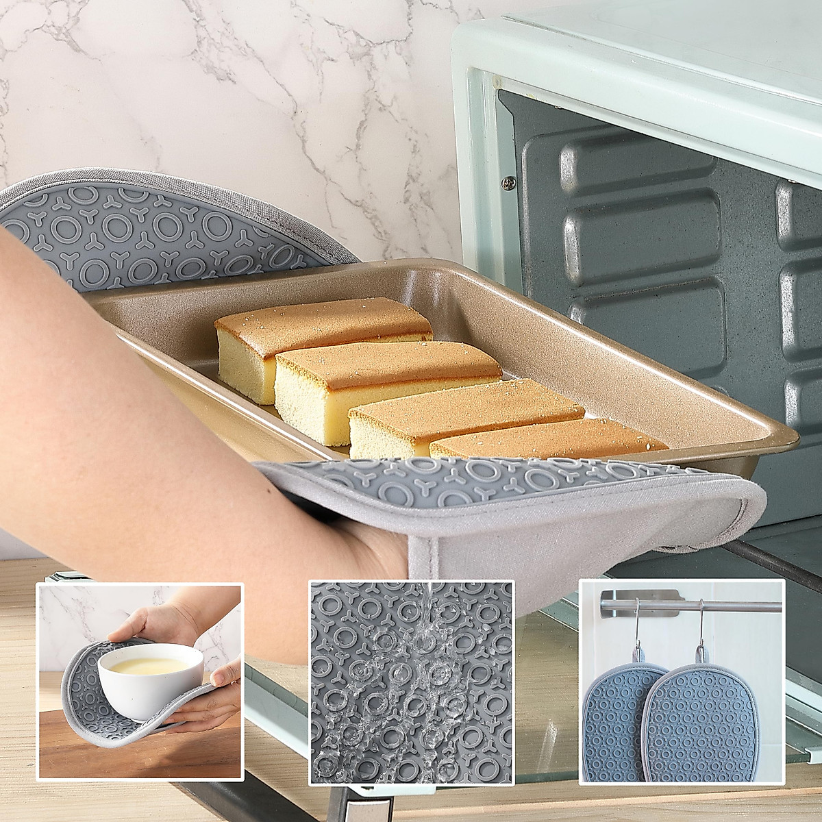 2PCS Silicone Pot Holders, OLULU Heat Resistant Hot Pads with Pockets, Non Slip Pot Holders for Kitchen, Baking and Cooking (9.8 * 7.5 inches, Grey)