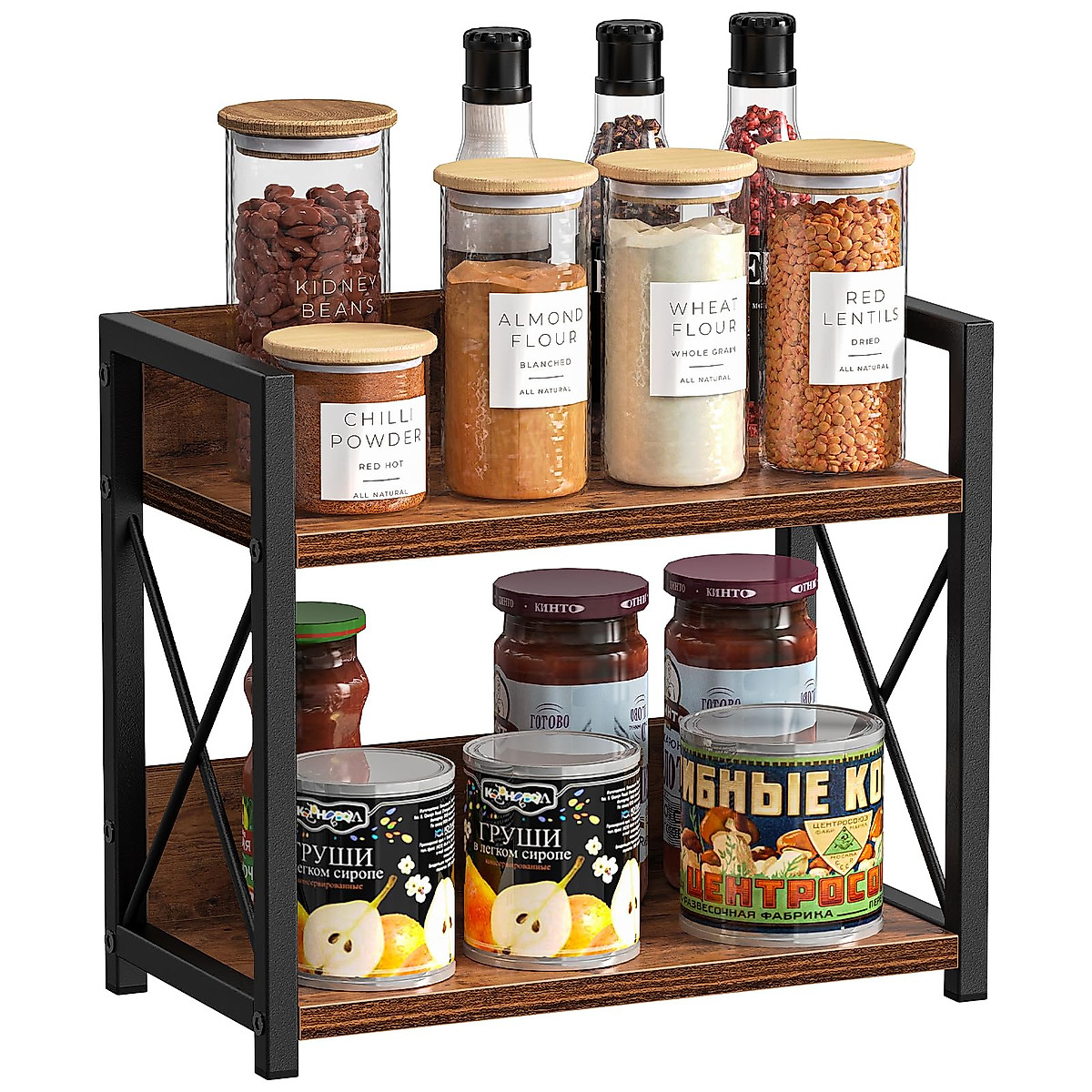 Giikin Countertop Shelf Organizer, 2 Tier Kitchen Spice Rack Organizer for Countertop, Wood Coffee Counter Shelf Organizer for Home (Rustic Brown)