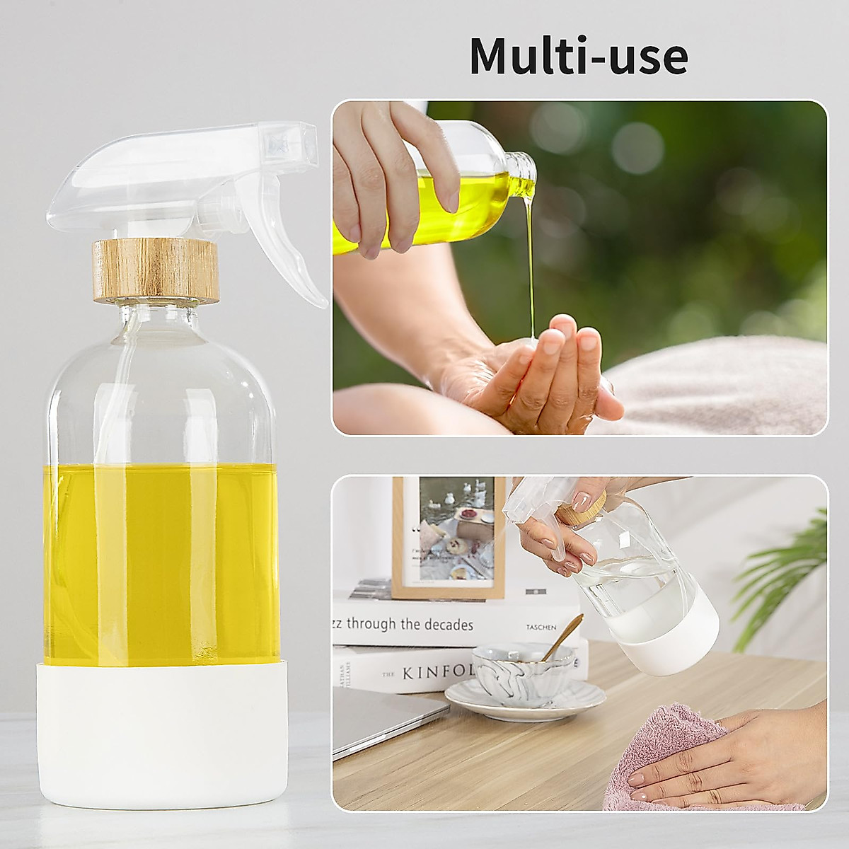 HOMBYS Empty Bamboo Glass Spray Bottles with Silicone Sleeve Protection - Refillable 17 oz Clear Glass Containers for Cleaning Solutions, Essential Oils, Misting Plants - Quality Sprayer - 3 Pack