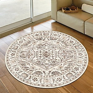 Fortsea Round Rug 6ft Washable Area Rug, Vintage Rug Indoor Floor Cover Print Distressed, Multi Circle Rug 6x6 Chenille Accent Rug, Kitchen Living Room Bedroom Dining Room (Brown and Beige, 6x6)……