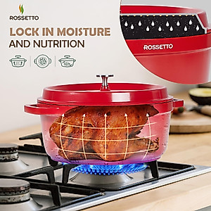 ROSSETTO 6QT Dutch Oven Pot with Lid, Ceramic Dutch Oven with Silicone Assist Handle Holder, Dishwasher Safe, Oven Safe, Non-Stick & Non-Toxic Bread Dutch Oven for Baking, Brasing, Soups, Red
