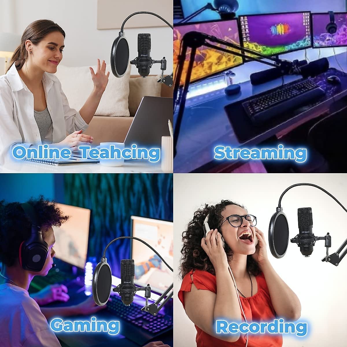 Studio Condenser USB Microphone Computer PC Microphone Kit with Adjustable Scissor Arm Stand Shock Mount, for PC Computer Recording Podcasting YouTube Karaoke Gaming Streaming Teaching Guarda GD100