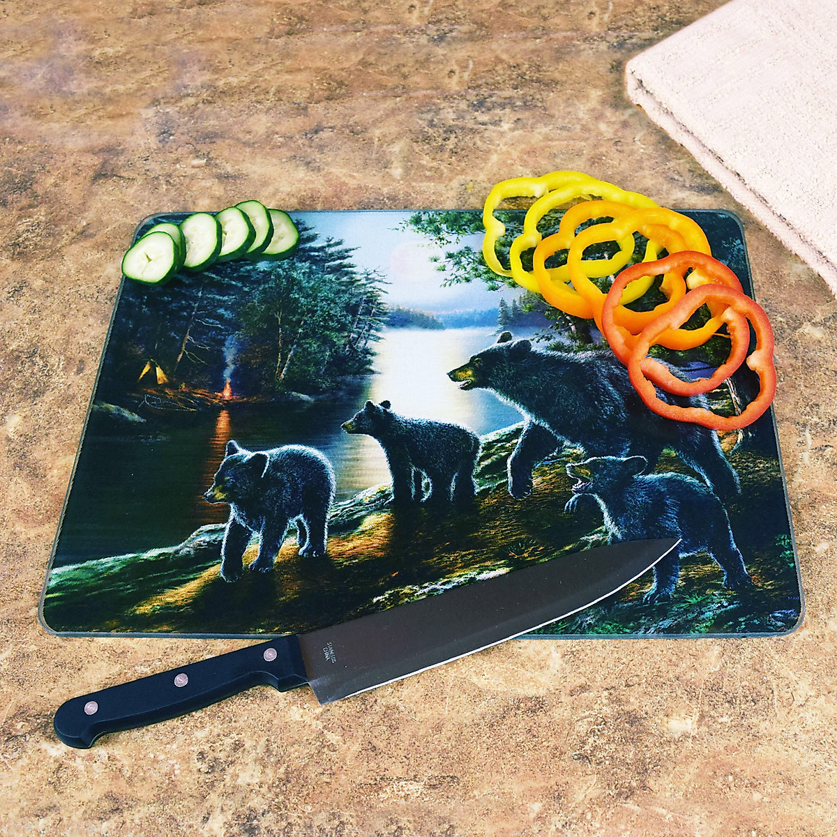 Rivers Edge Products Large 12in x 16in Decorative Tempered Glass Cutting Board, Hypoallergenic, Non Slip, Textured Surface Chopping Board for Kitchen, Black Bear