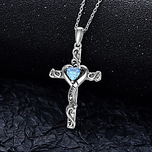 TOUPOP Aquamarine Cross Necklace for Women 925 Sterling Silver Birthstone Cross Pendant Necklace Heart Love March Birthstone Jewelry for Her Wife Girlfriend Birthday Anniversary Christmas Gifts