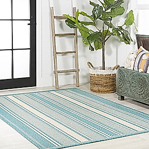 JONATHAN Y SMB202A-4 Haynes Modern Double Stripe Indoor Outdoor Farmhouse Transitional Area Rug,High Traffic,Kitchen,Living Room,Backyard,Non Shedding,4 X 6,Aqua/Beige